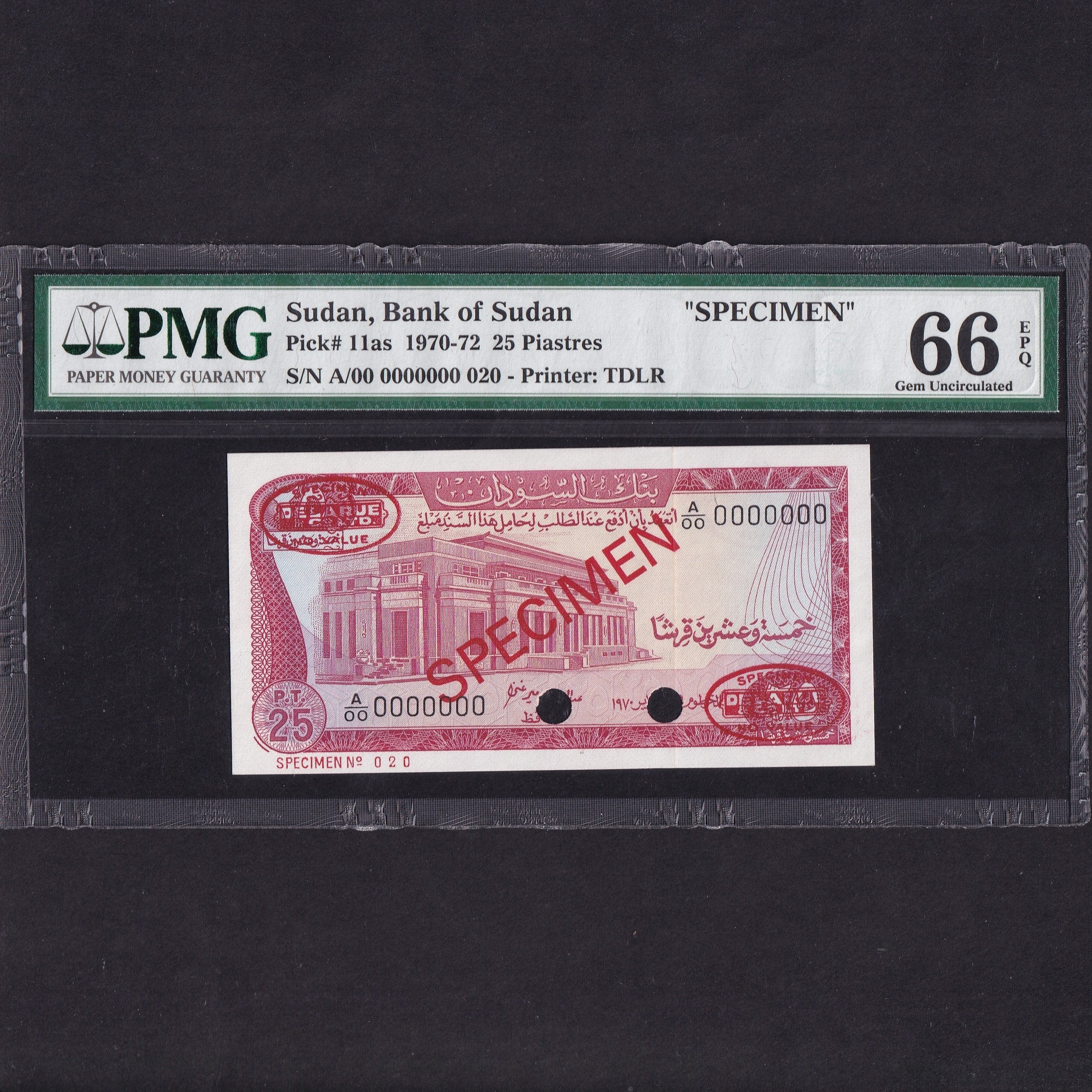 Sudan (P11as) 25 Piastre specimen, A/00 0000000, no.20, PMG66, UNC – Colin Narbeth & Son Ltd.