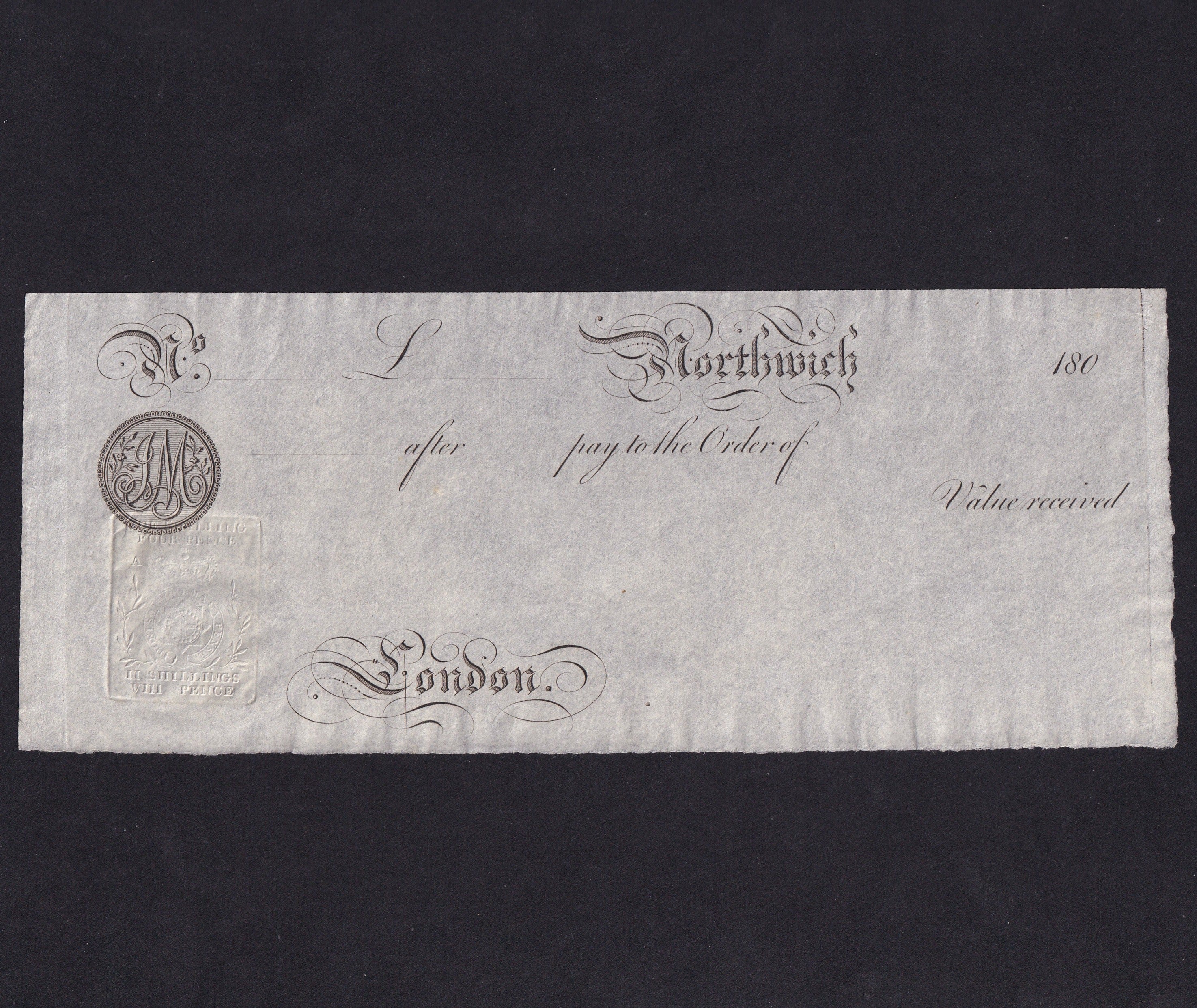 Provincial - Northwich, unissued order with 1/- 4d, 180x, embossed rev ...