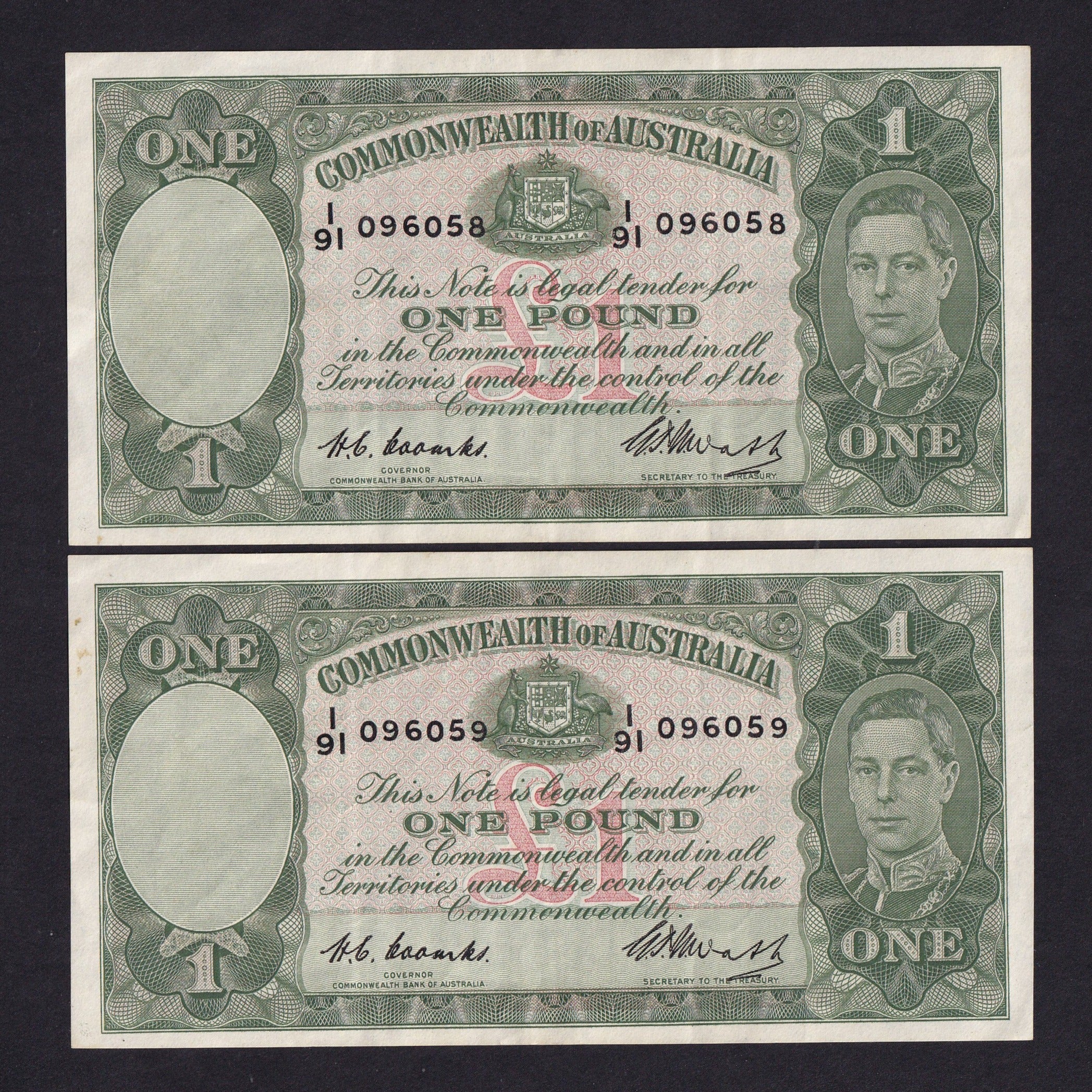 Australia (P26c) £1 pair in sequence, two notes, KGVI, Coombs/ Watt, I ...
