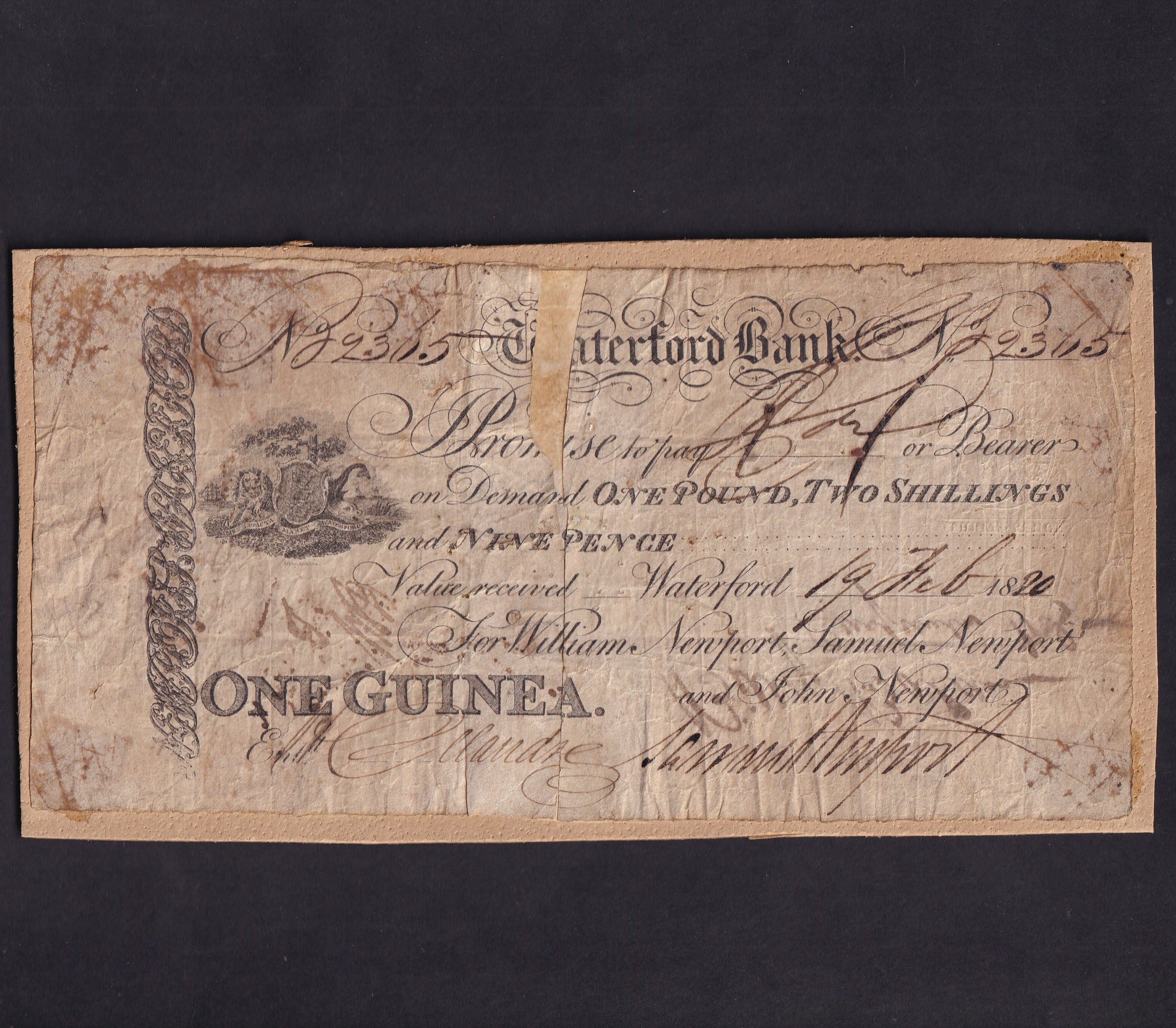 Ireland, Waterford Bank, One Guinea, 19th February 1820, for William N ...