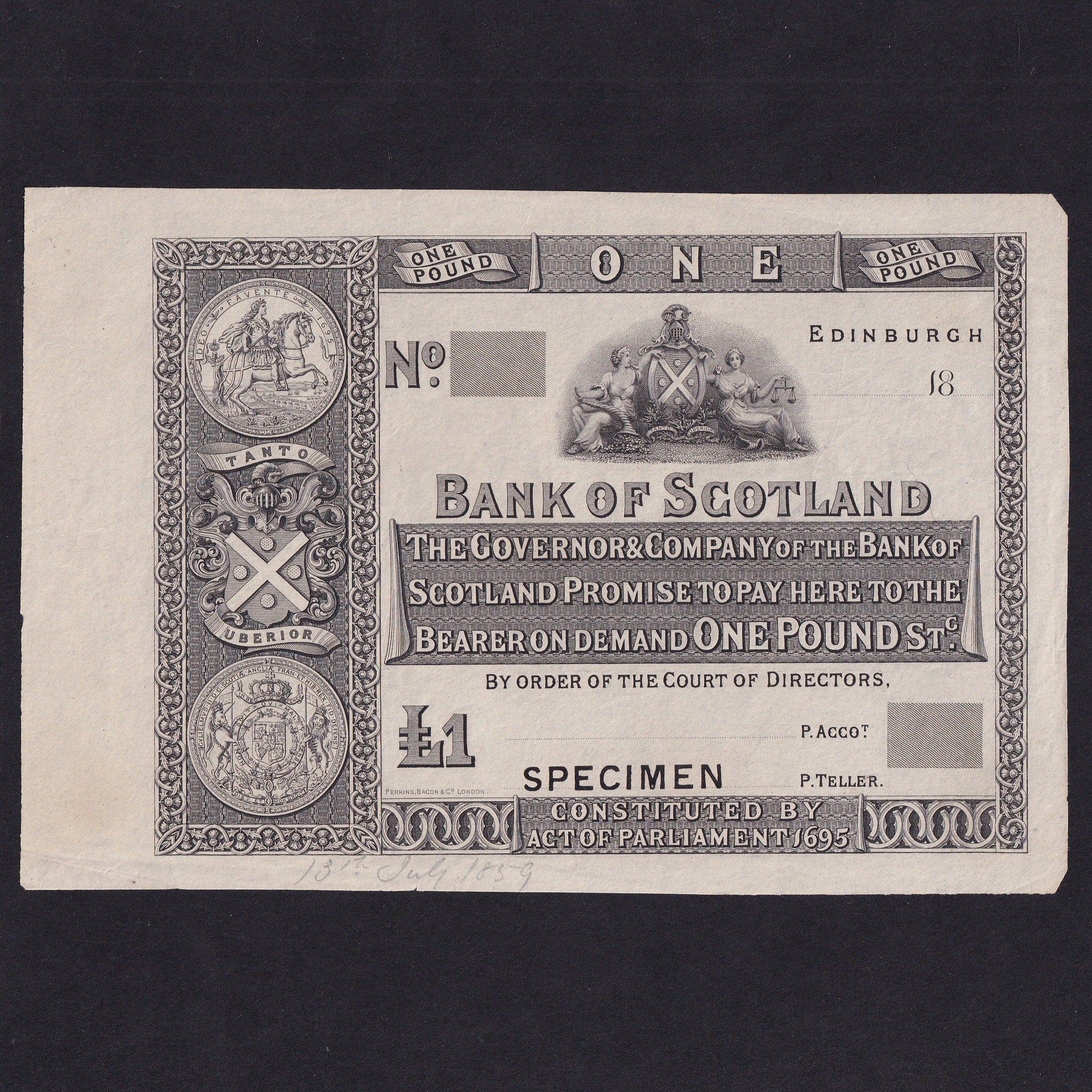 Scotland (P.65) Bank of Scotland, £1 obverse proof specimen, 18xx, BA7 ...