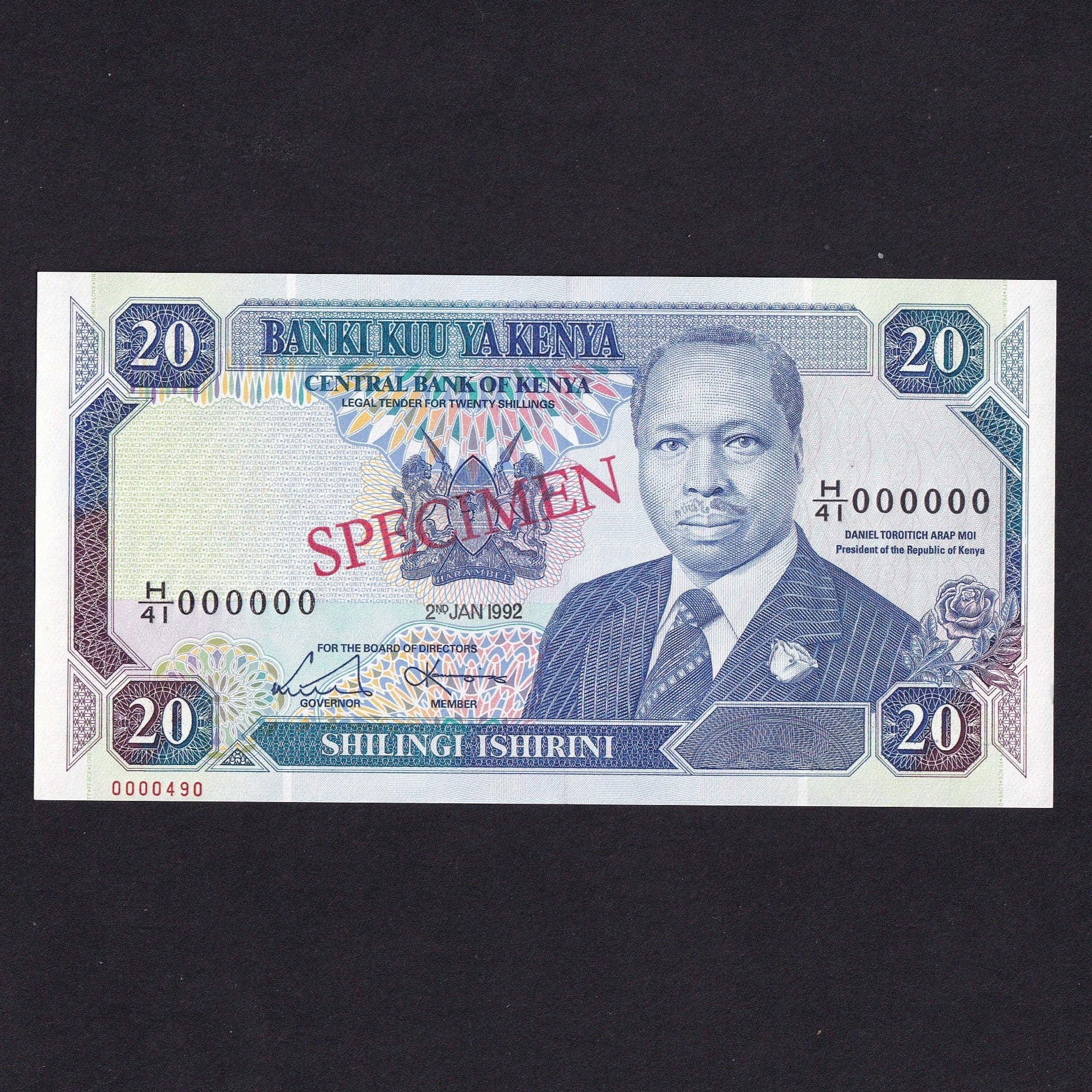 Kenya (P25s) 20 Shilling specimen, 2nd January 1992, H/41 000000, UNC ...