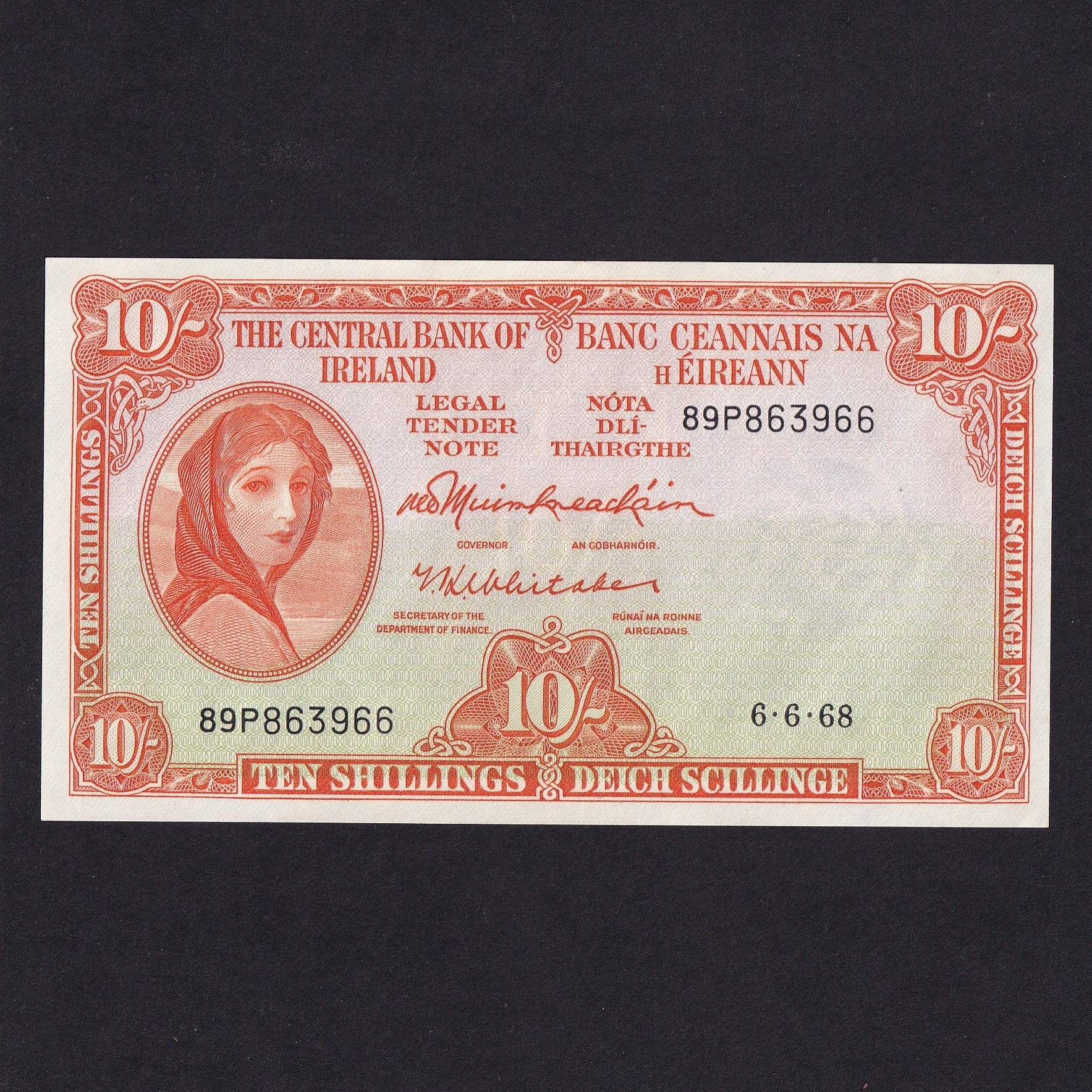 Ireland (P63a) 10 Shillings, 6th June 1968, 89P 863966, last date & pr ...