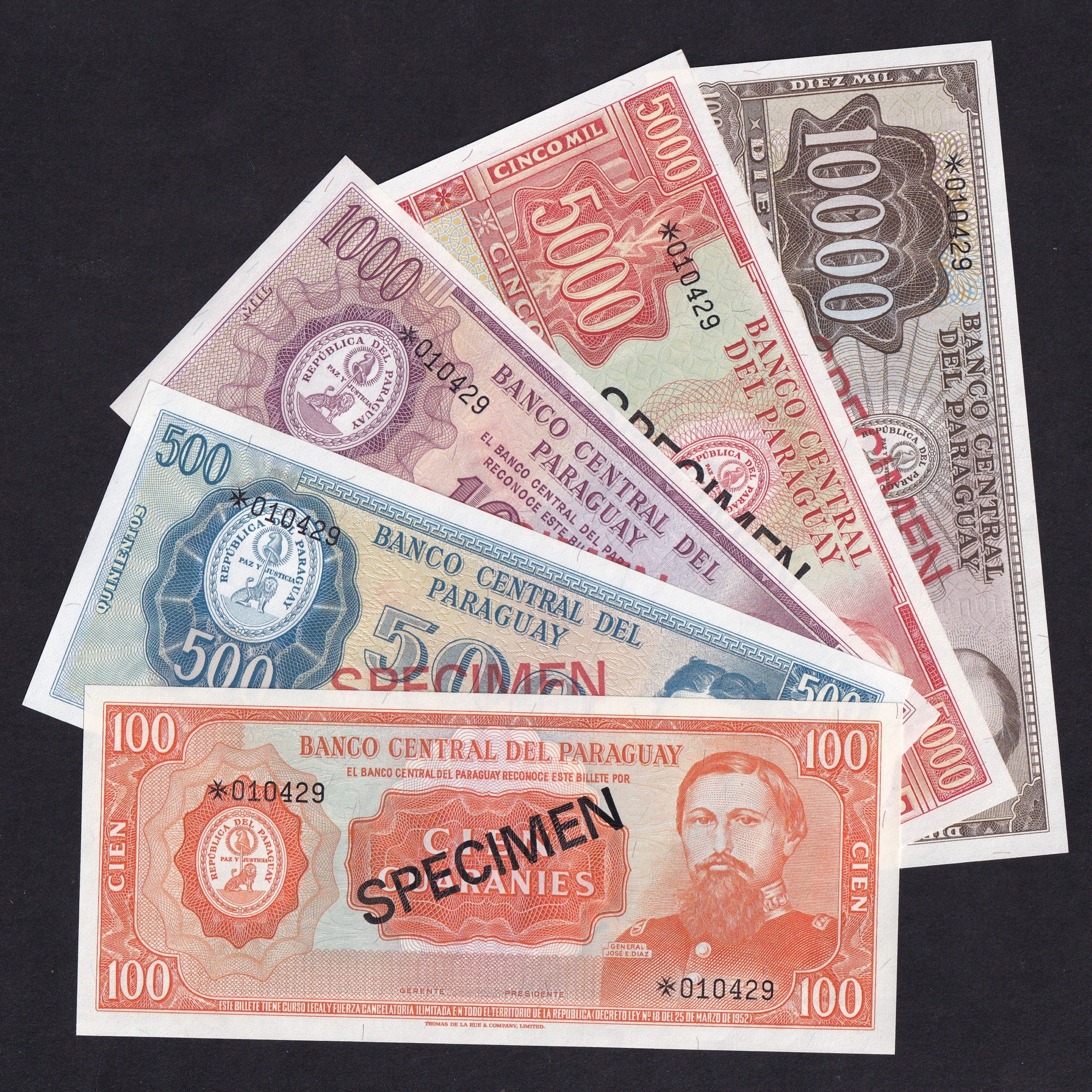 Paraguay (PCS1) 100 - 10,000 Guaranies specimen set (5 notes) collecto ...