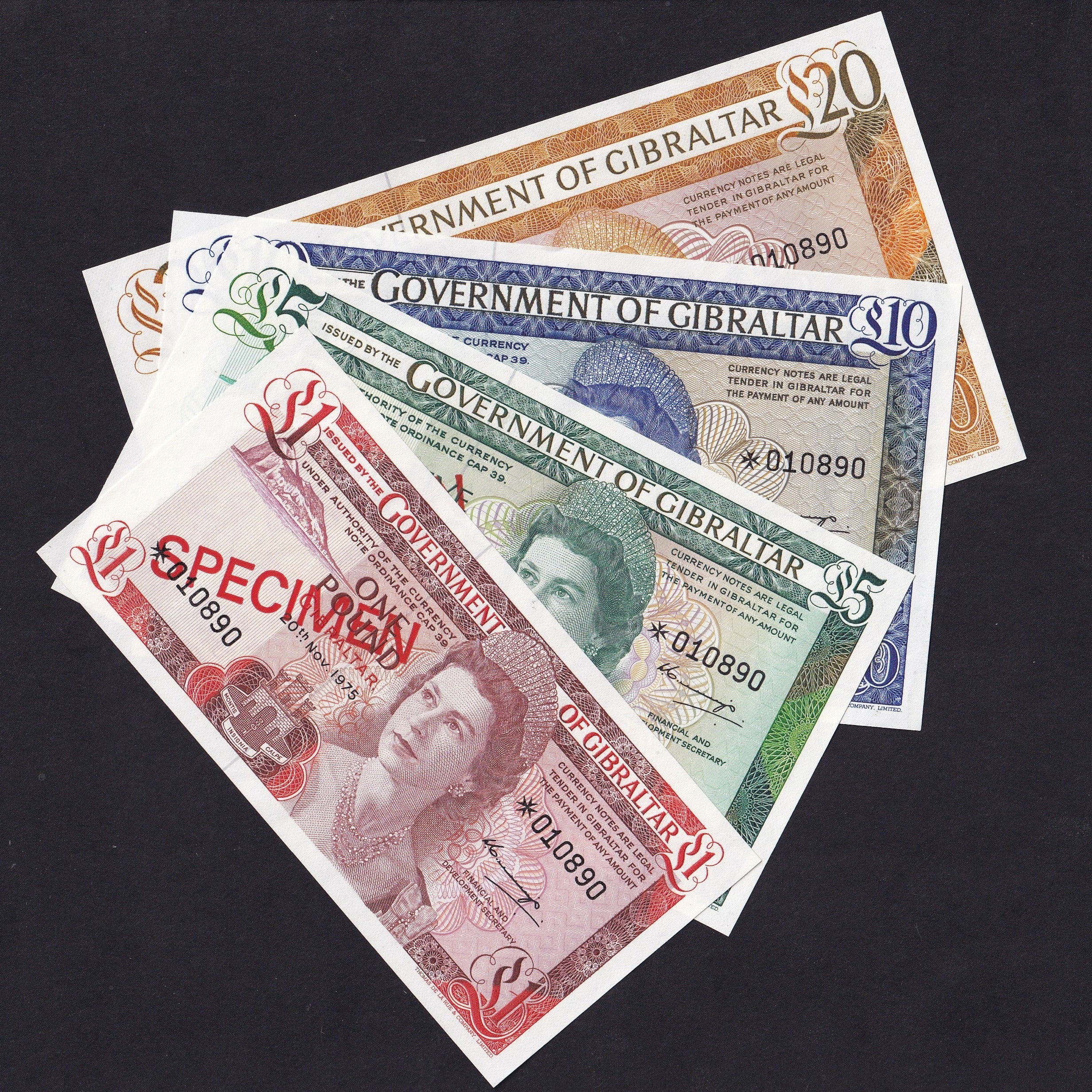 Gibraltar (PCS1) £1 - £20 specimen set (4 notes) collector series, QEI ...