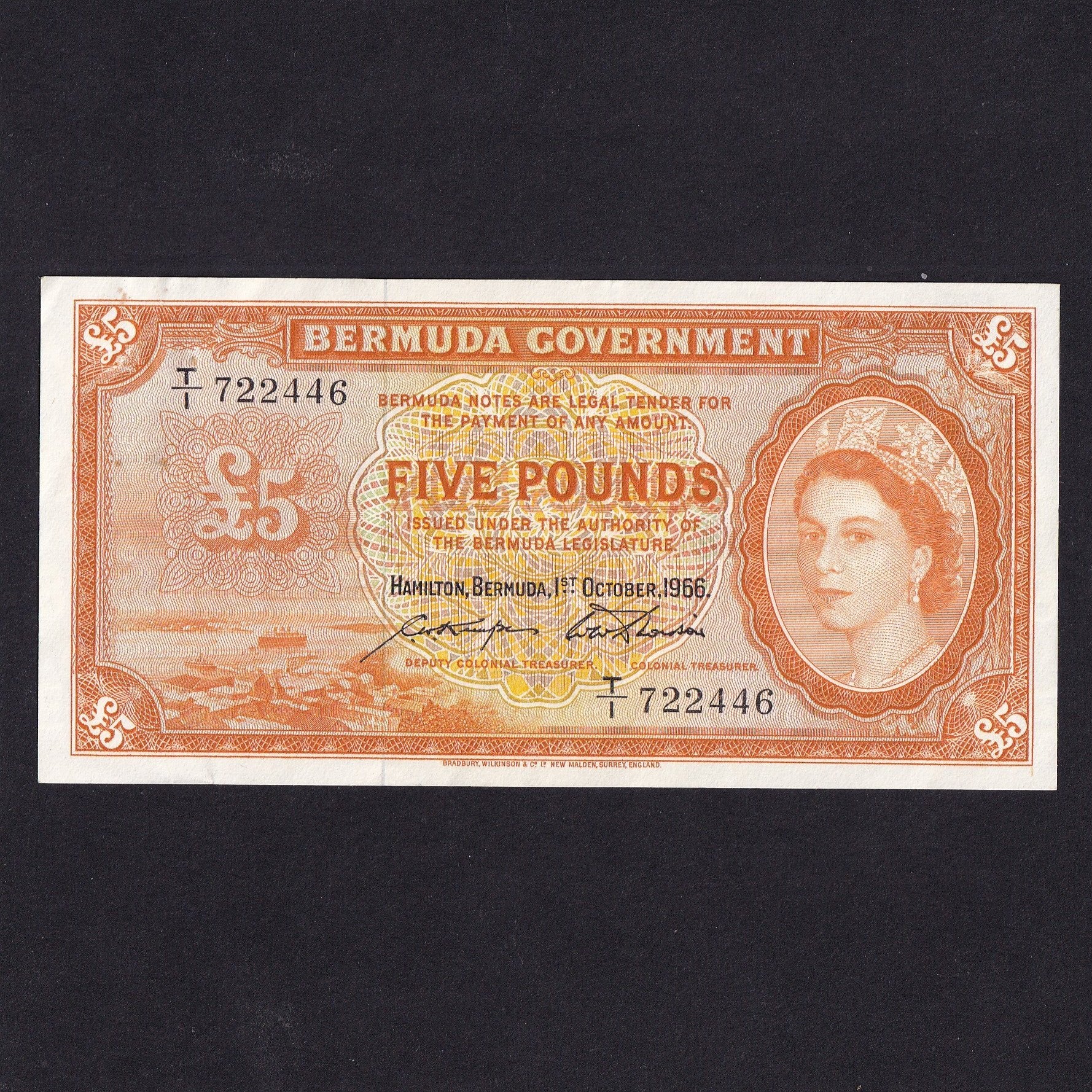 Bermuda (P21d) £5, 1966, T/1 722446, paperclip indent with rust, other ...