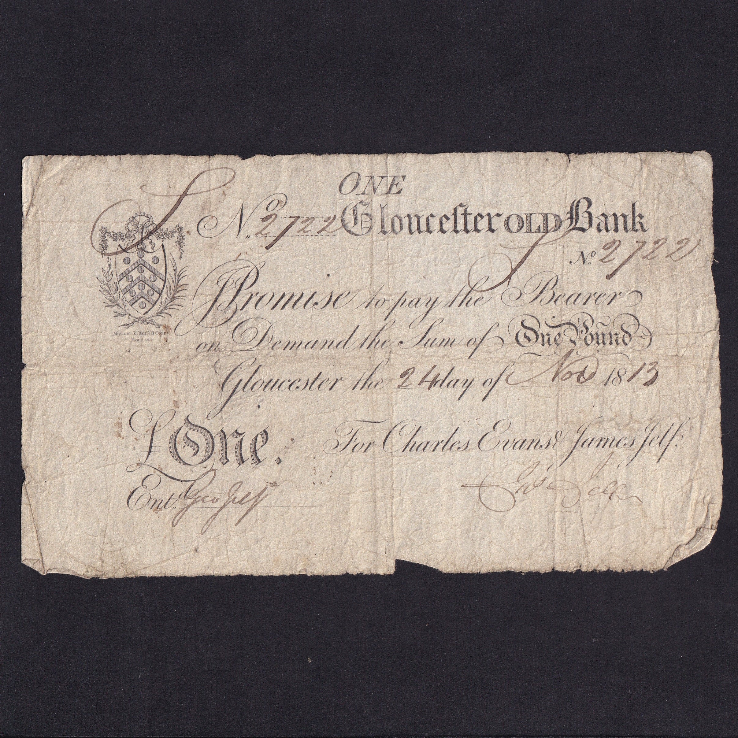 Provincial - Gloucester Old Bank, £1, 1814, signed Jas Self, note 2722 ...