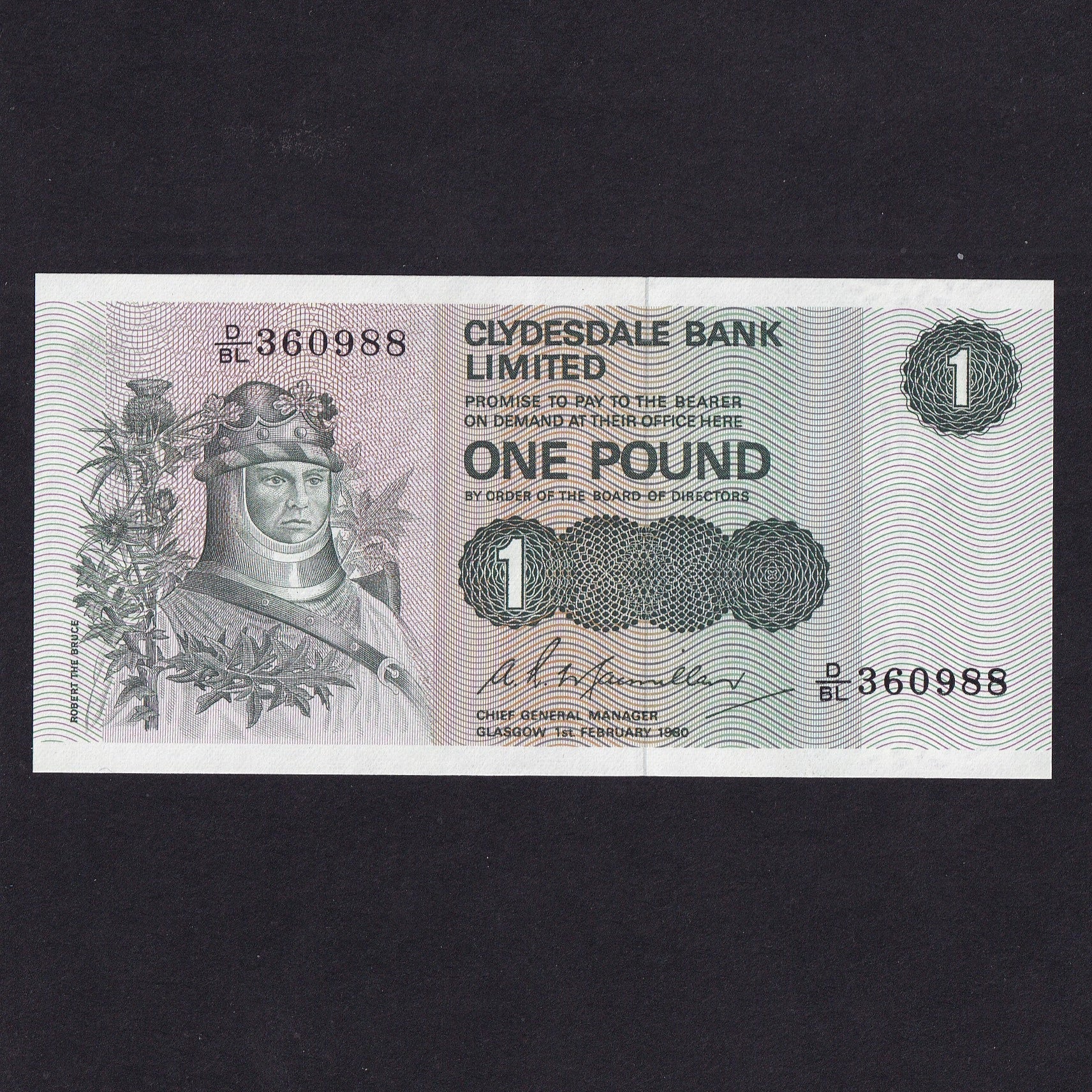 Scotland (P204c) Clydesdale Bank, £1, 1980, MacMillan, Chief General M ...