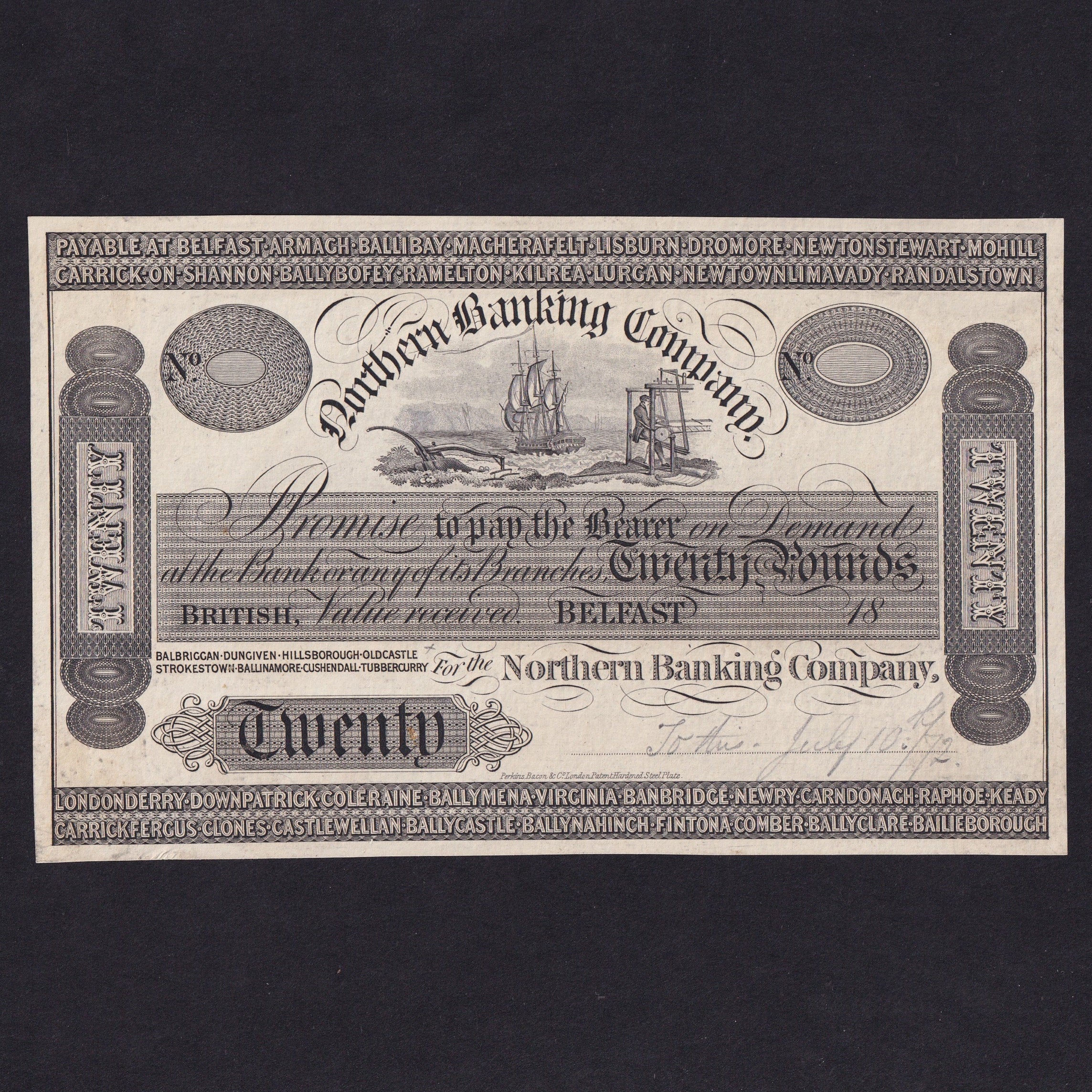 Northern Ireland, Northern Bank, £20 obverse Proof on paper, c.1873, 3 ...