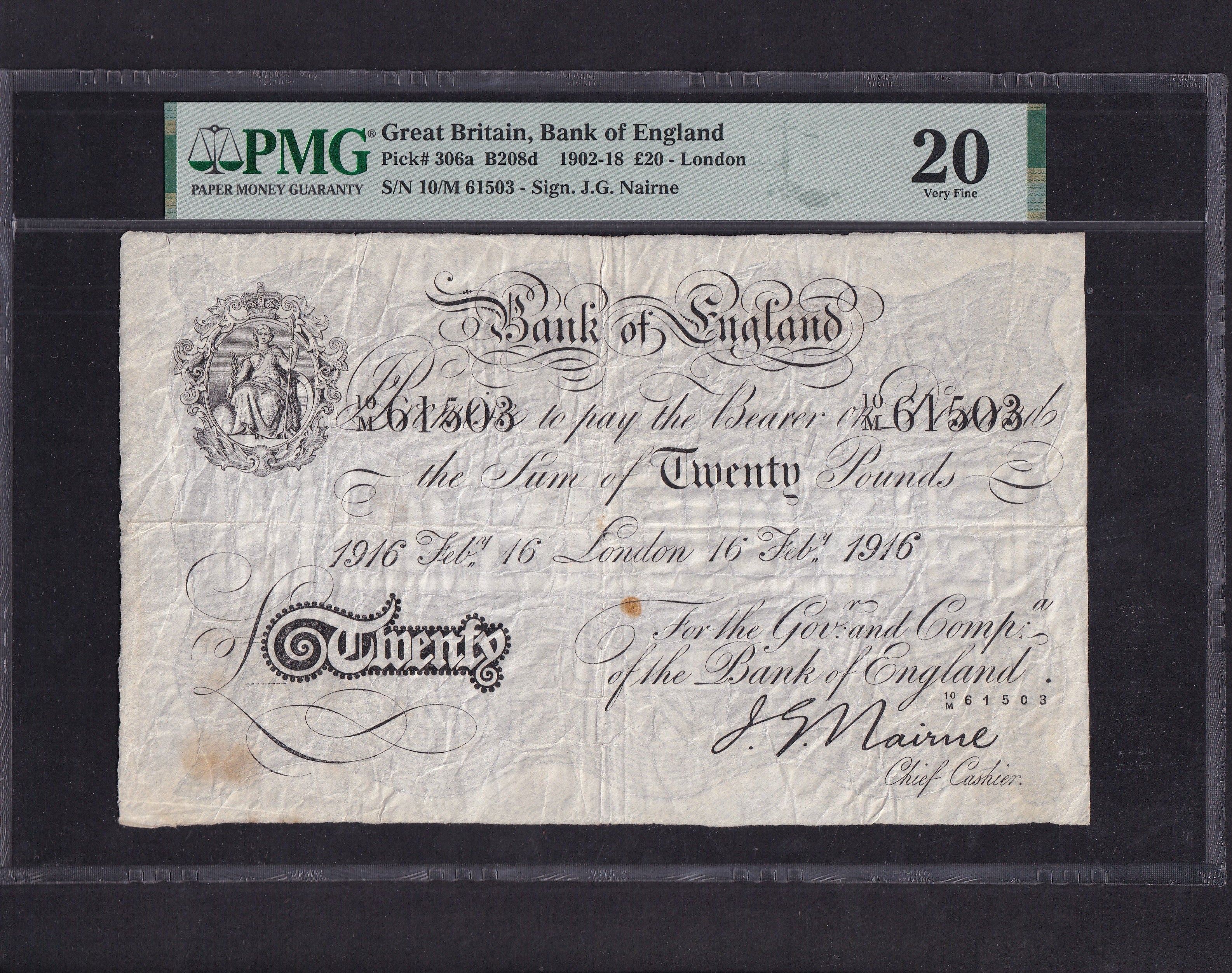 Bank of England (B208d) Nairne, £20, London 16th February 1916, M10 61 ...