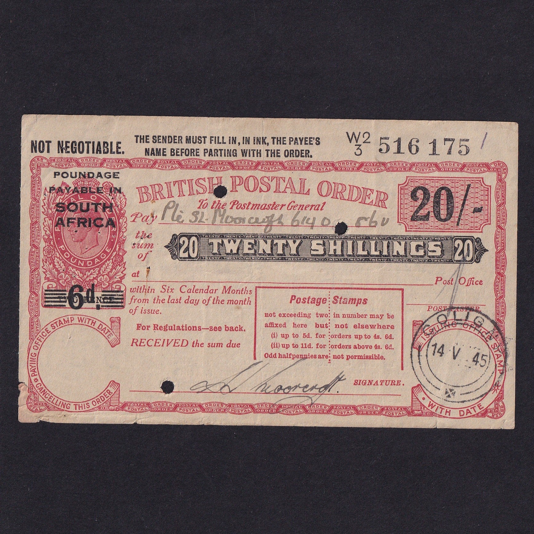 South Africa, 20 Shillings postal order, 1945, KGVI, no.W2 516175, Fin ...