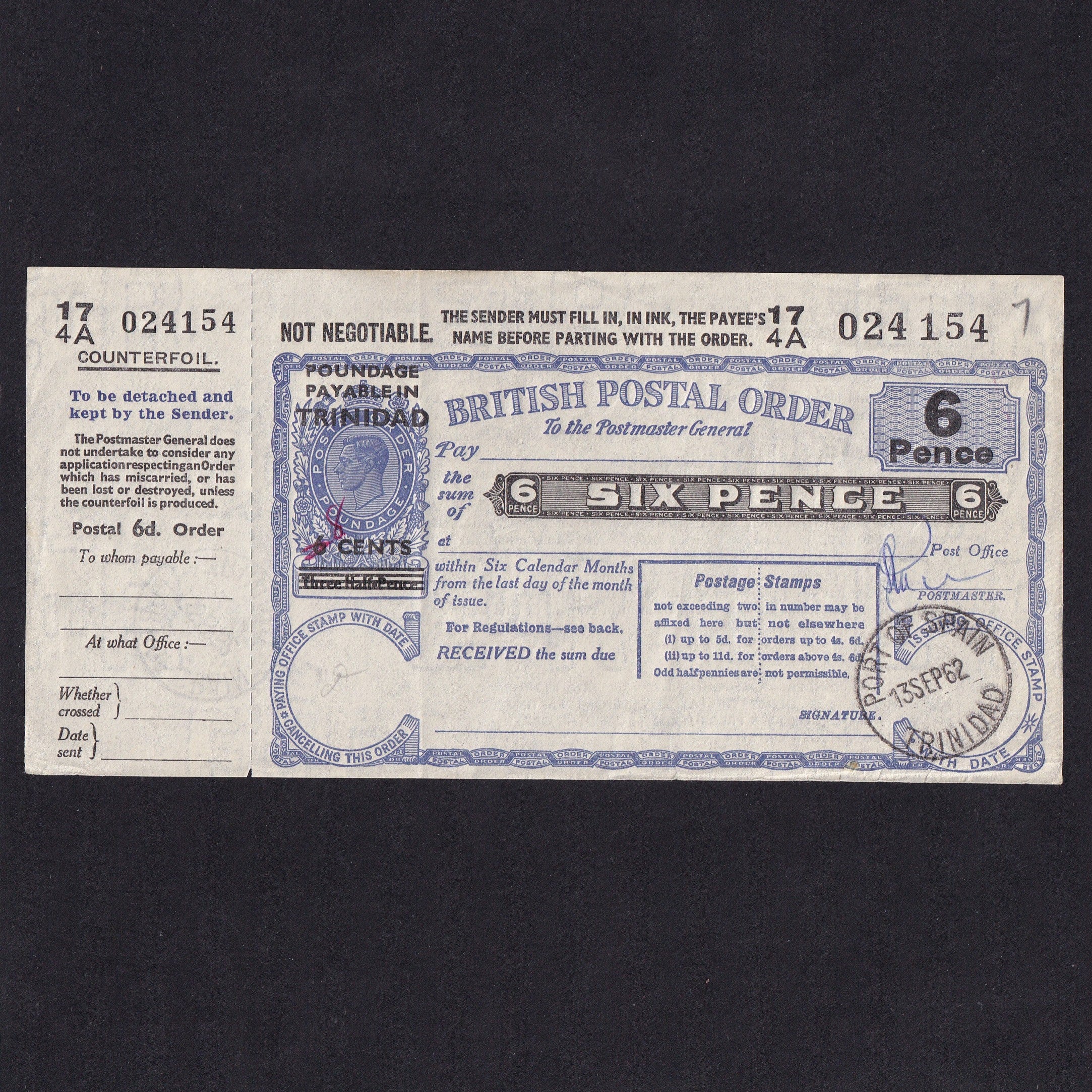 Trinidad, Six Pence postal order, 1962, KGVI, with counterfoil, no.174 ...