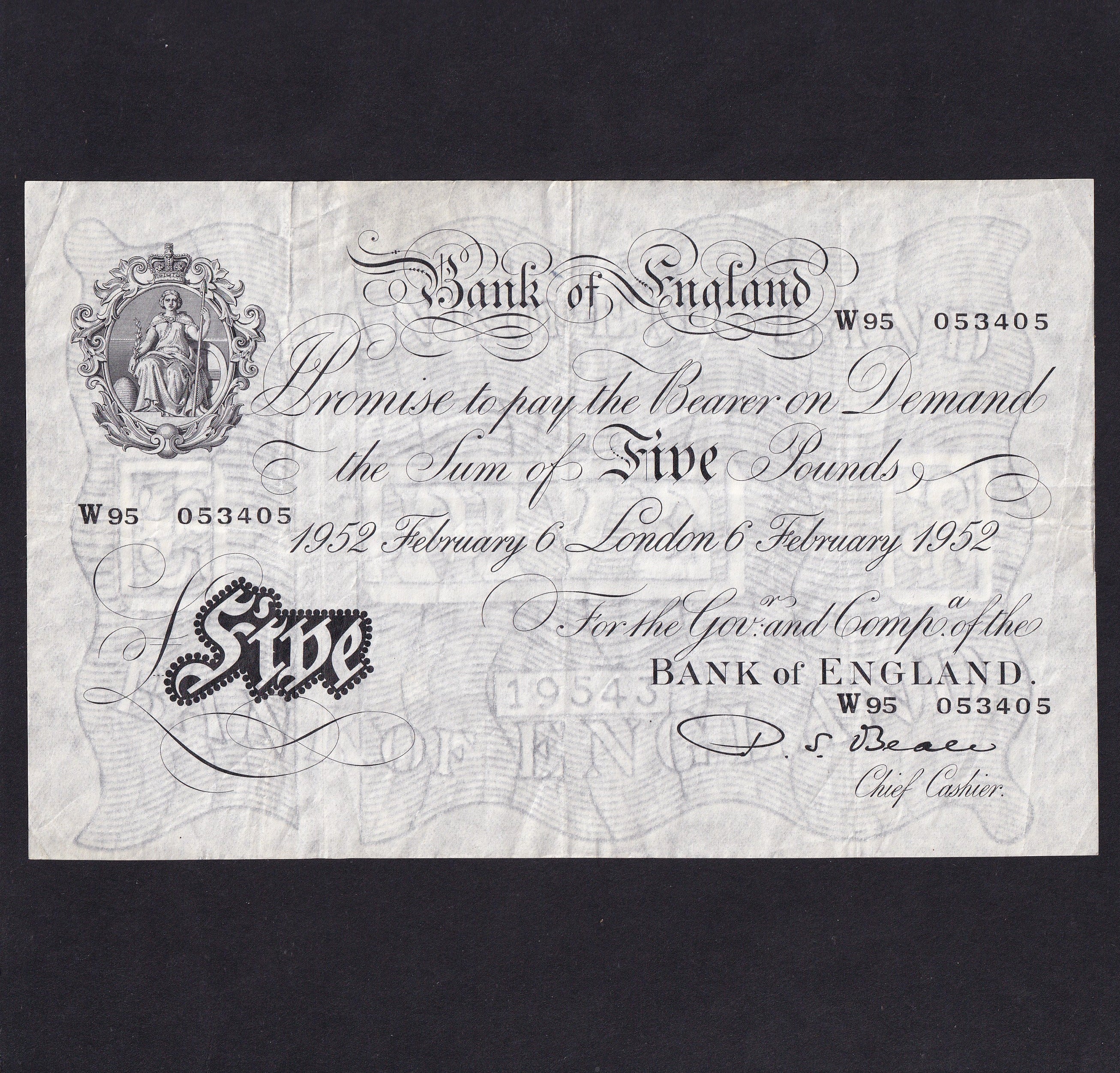 Bank of England (B270) Beale, £5, 6th February 1952, W95 053405, Good ...