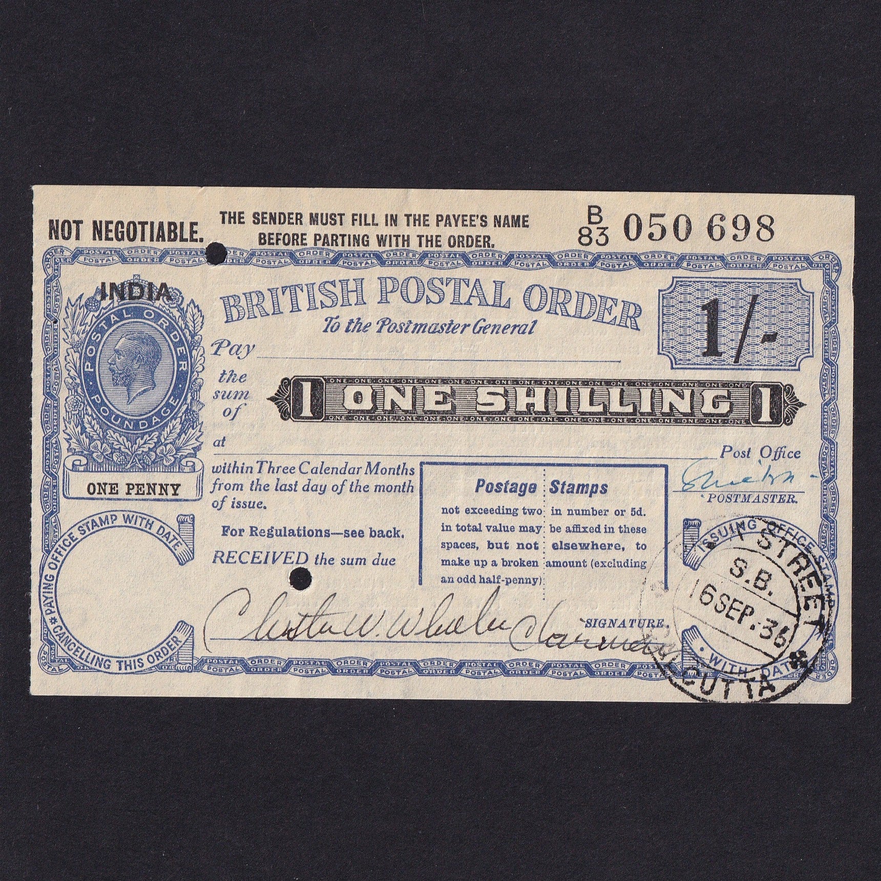 India, 1 Shilling postal order, 1936, KGV, Calcutta, B83 050698, Good ...