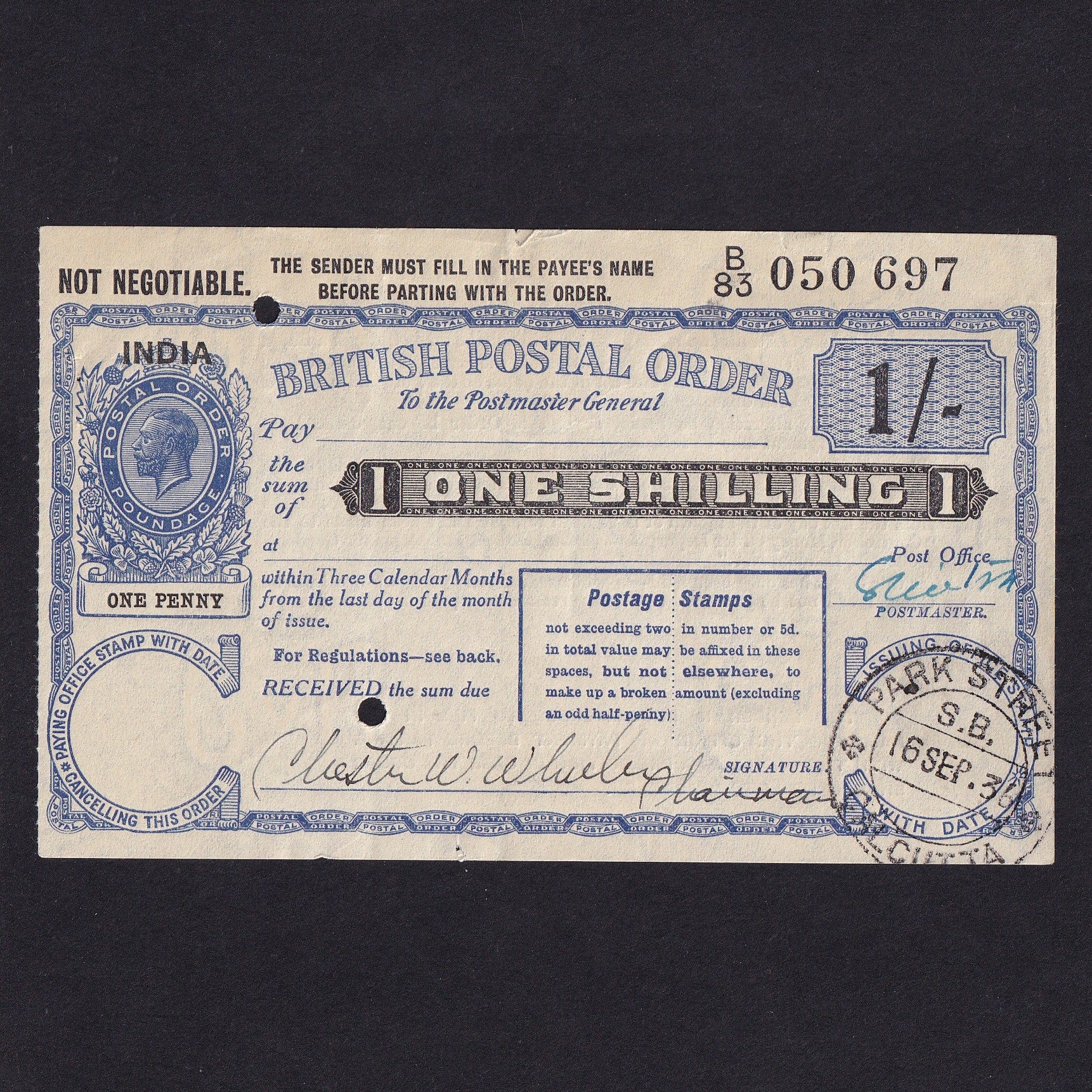 India, 1 Shilling postal order, 1936, KGV, Calcutta, B83 050697, small ...