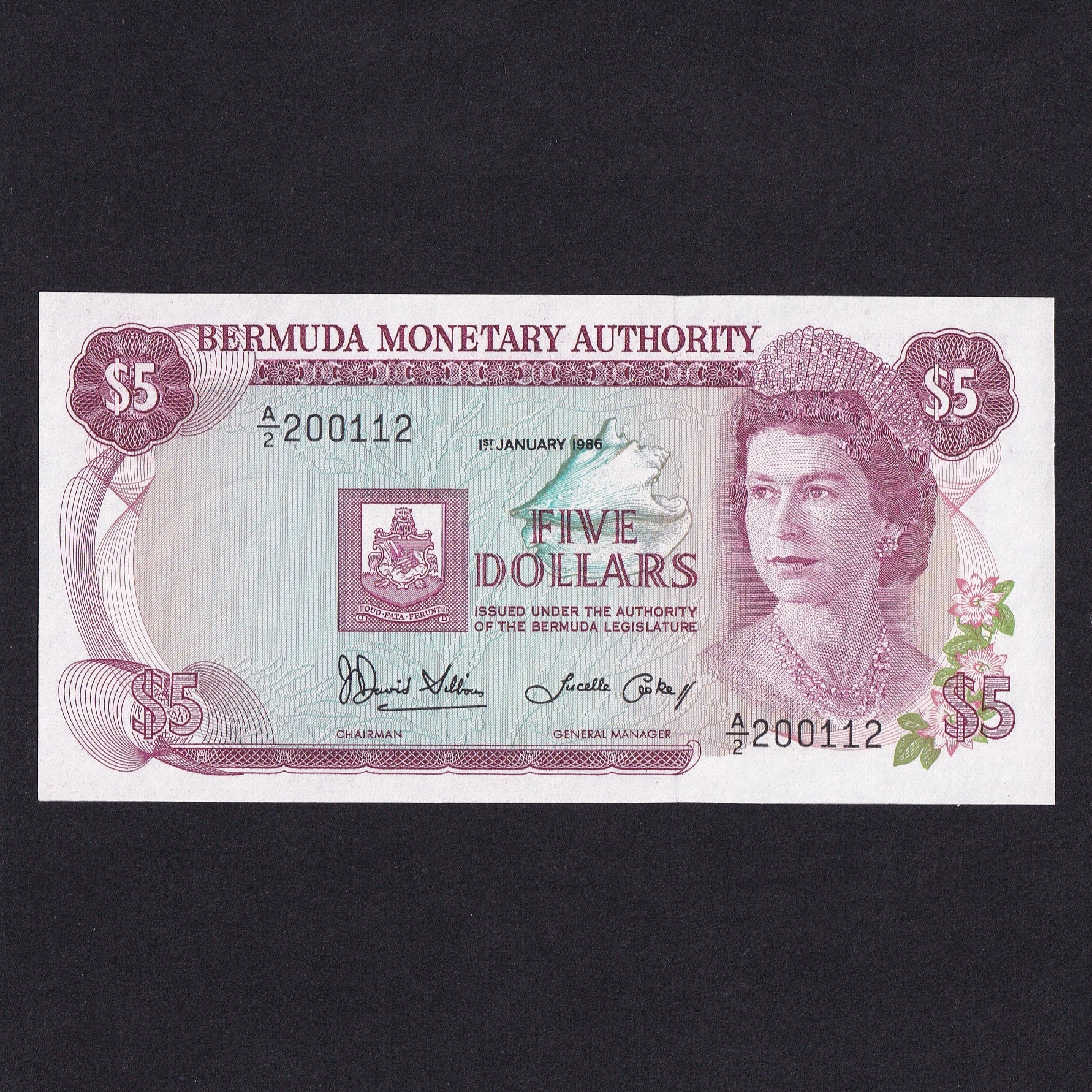 Bermuda (P29c) $5, 1st January 1986, Bermuda Monetary Authority, A/2 2 ...