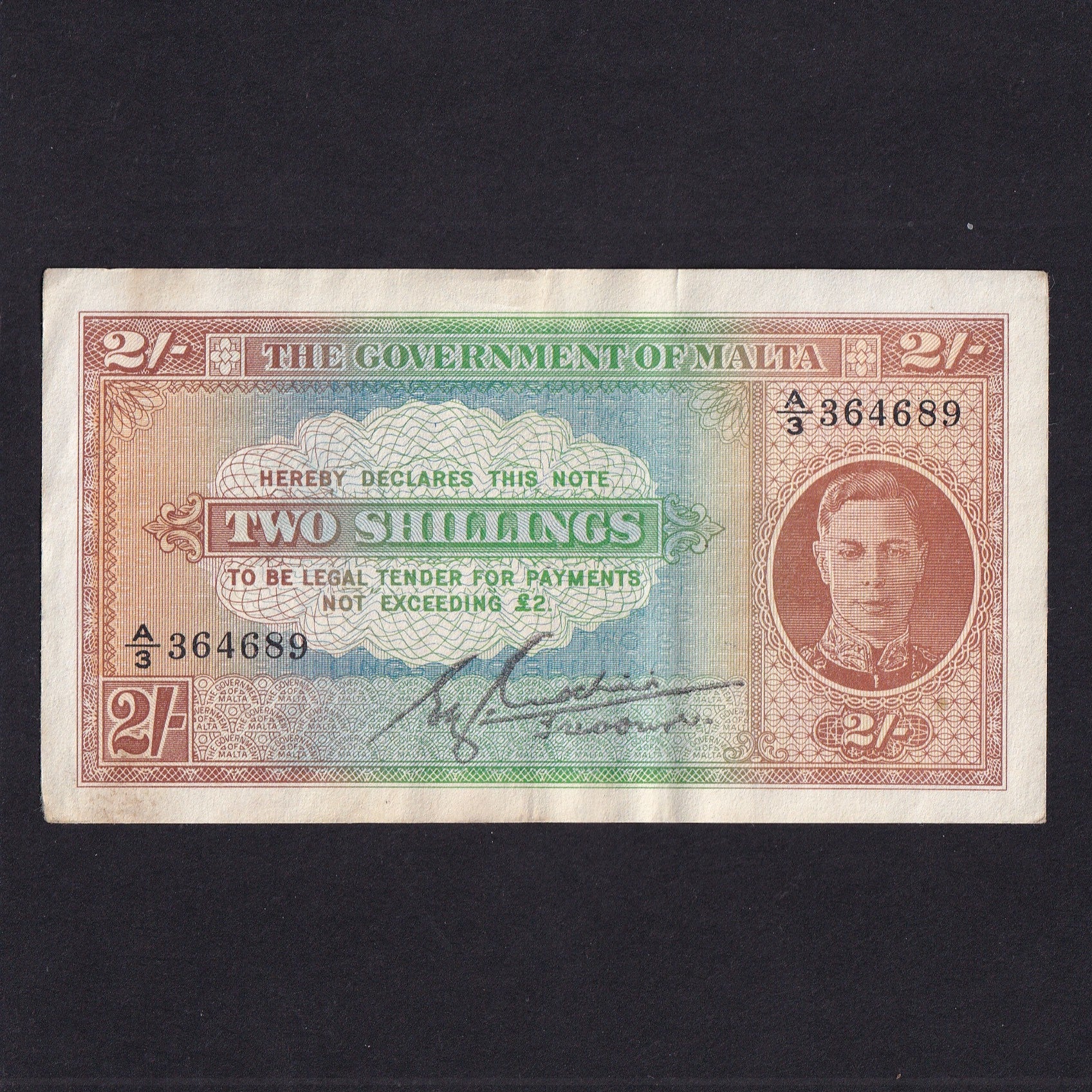 Malta (P17c) 2 Shillings, 1942, KGVI, A/3 but watermark of map of Mala ...