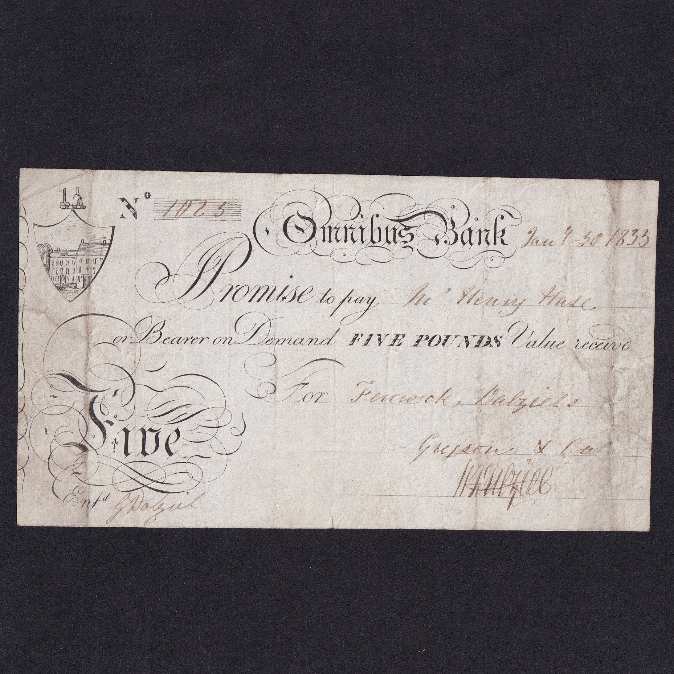 Omnibus Bank (skit note) £5, 1833, no.1025, Fine – Colin Narbeth & Son Ltd.