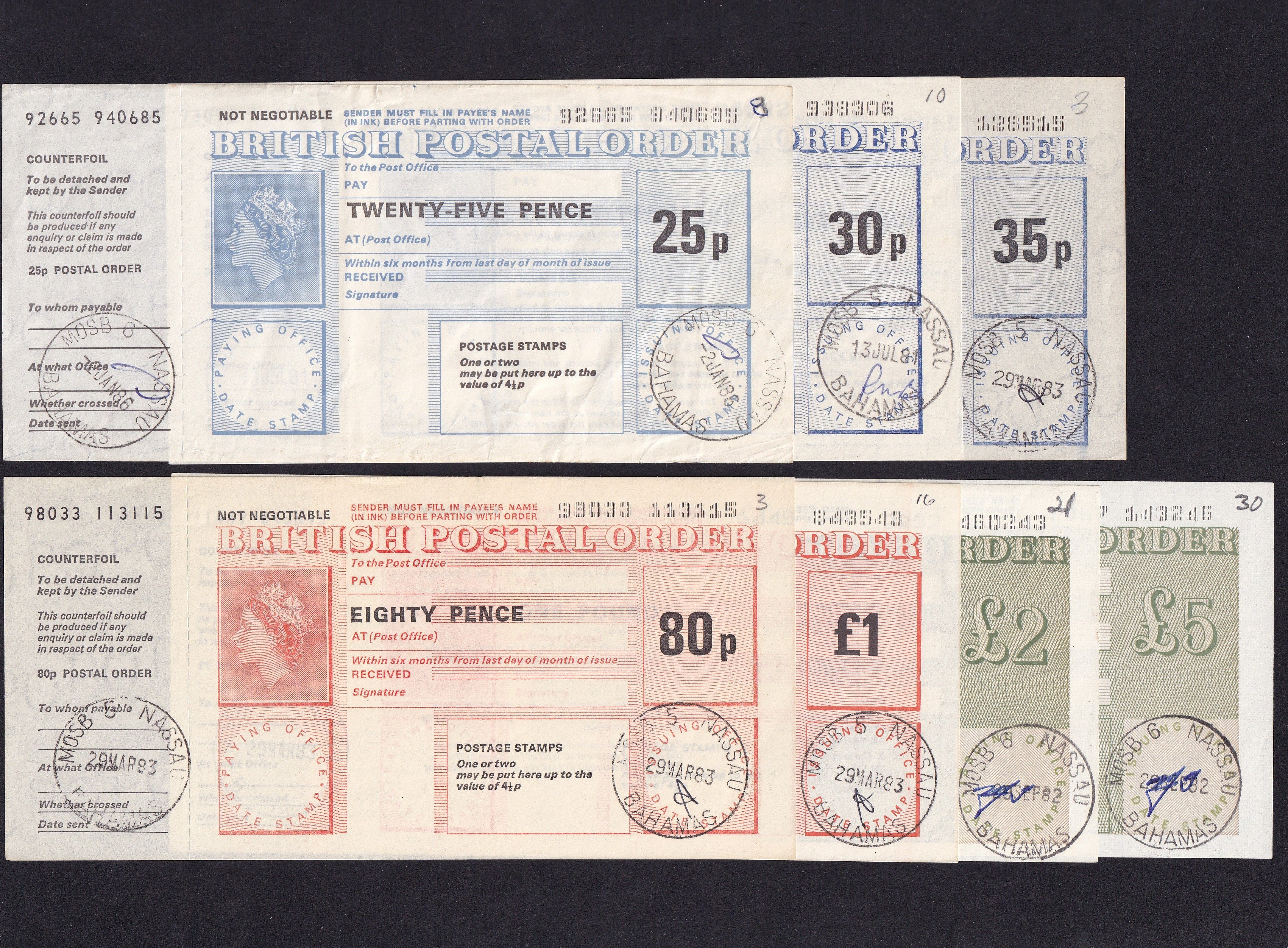 Bahamas, group of 7 postal orders, 25p, 30p, 35p, 80p, £1, £2 & £5, 19 ...