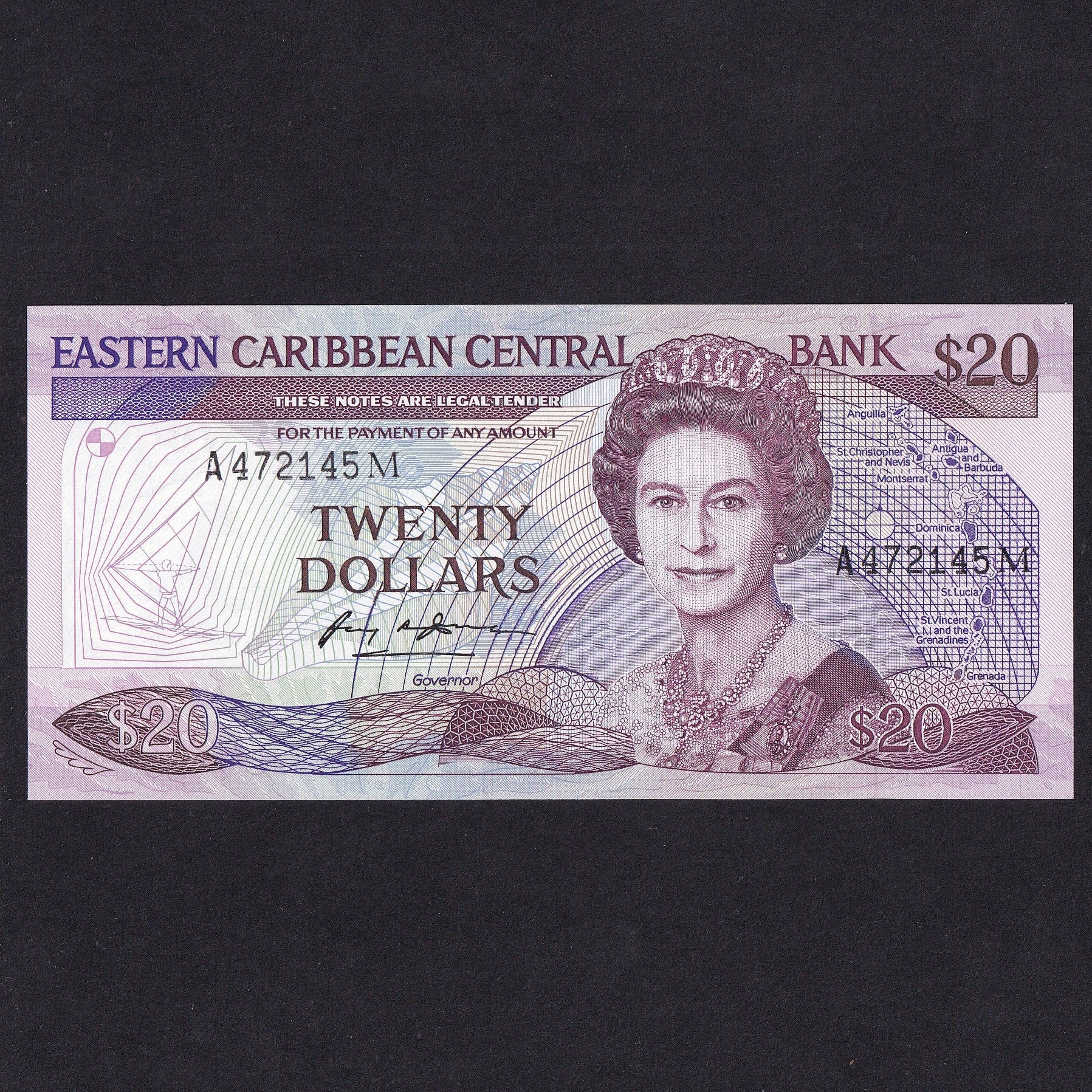 East Caribbean, $20, A472145M, suffix M Montserrat signature 1, Anguil ...