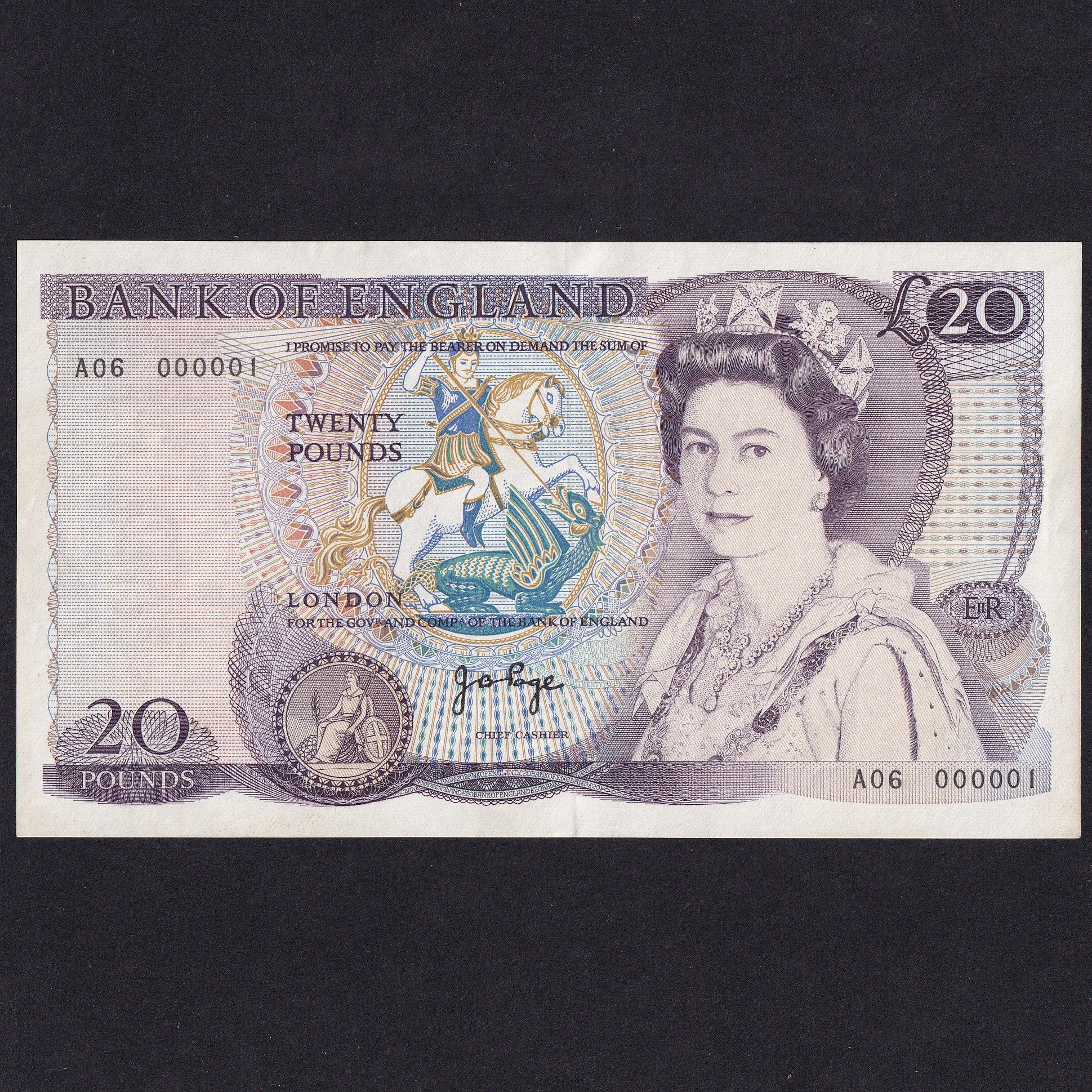 Bank of England (B328) Page, £20, A06 000001, the first note of the ca ...