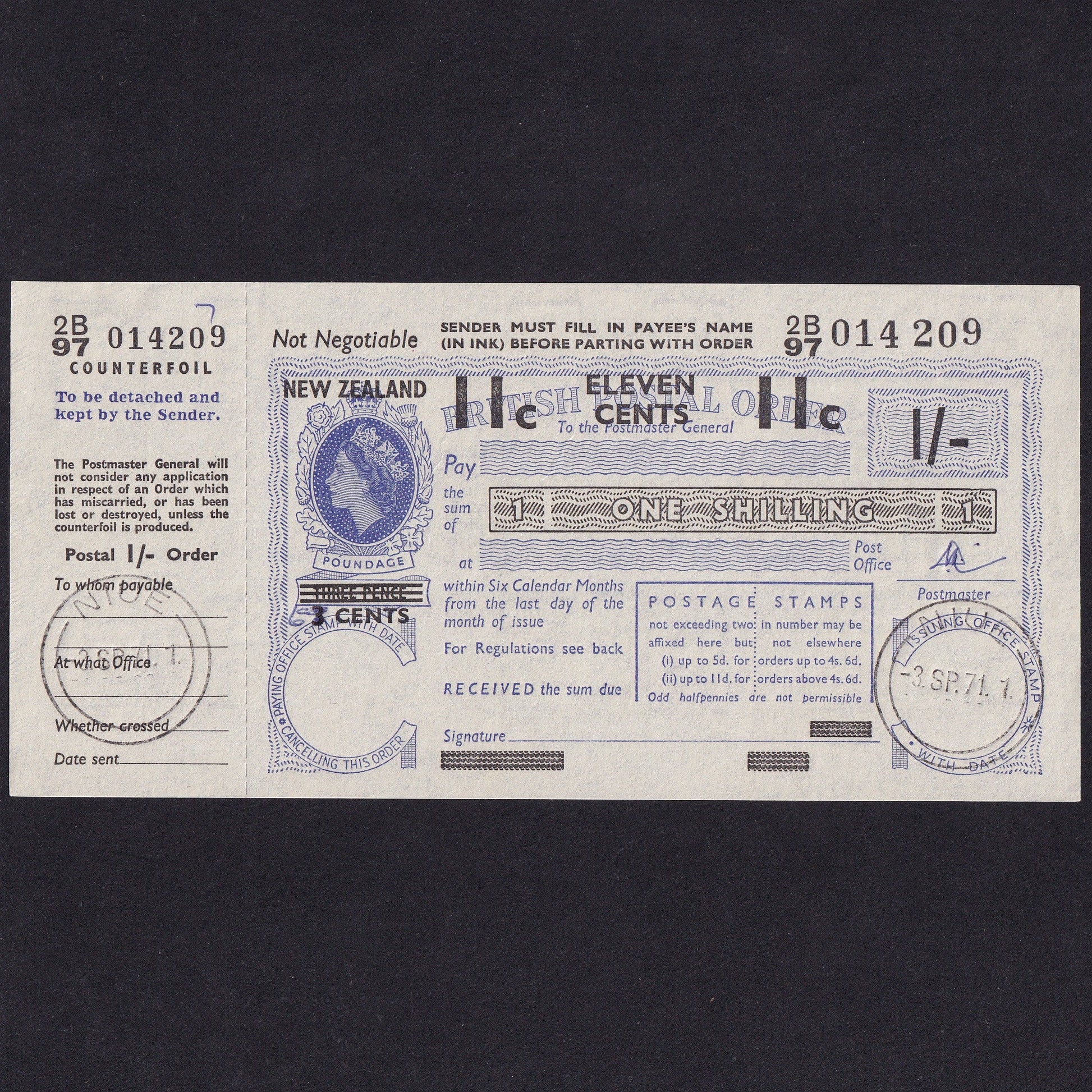 New Zealand, 1/- Postal Order, 1971, QEII, 2B97 014 209, Good EF ...