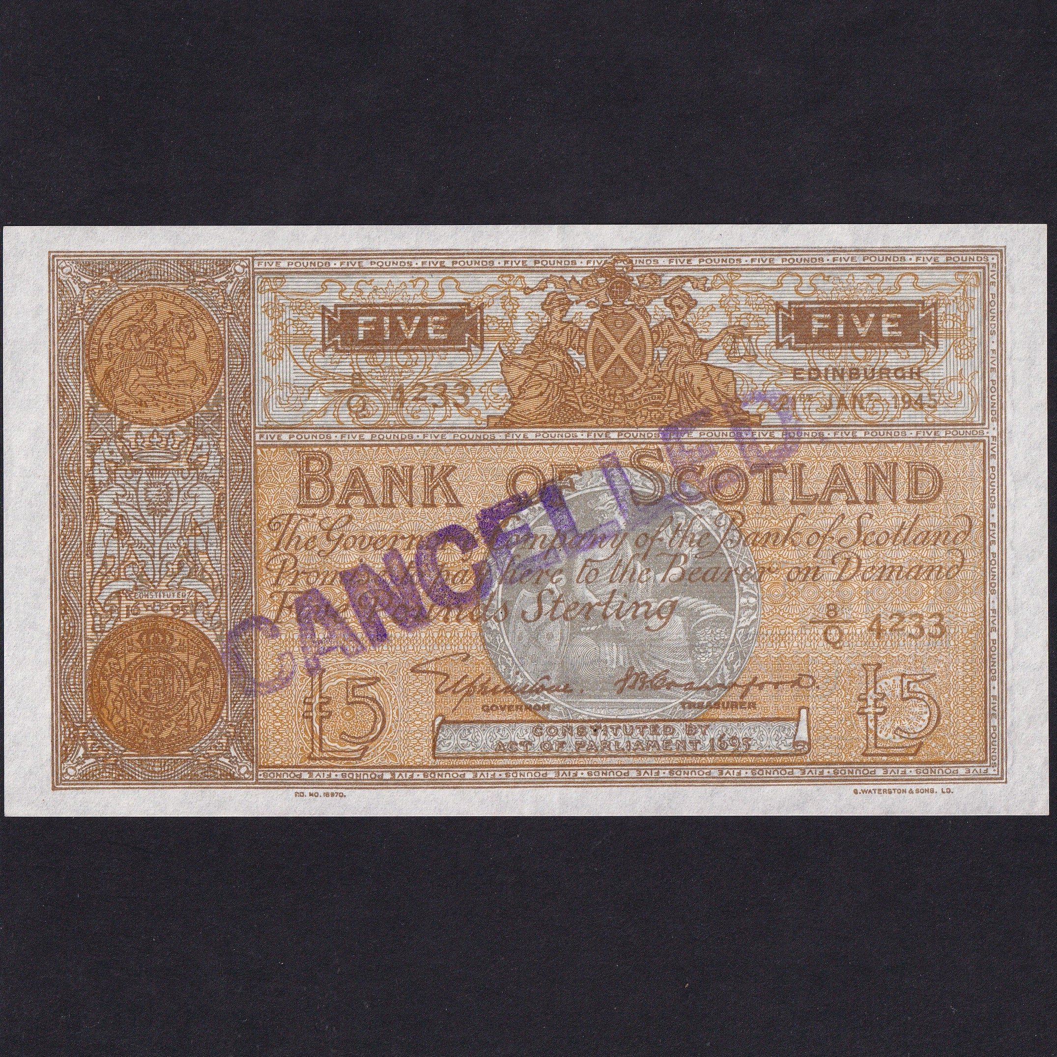Scotland, Bank of Scotland, £5 Calister essay, 21st January 1945, canc ...