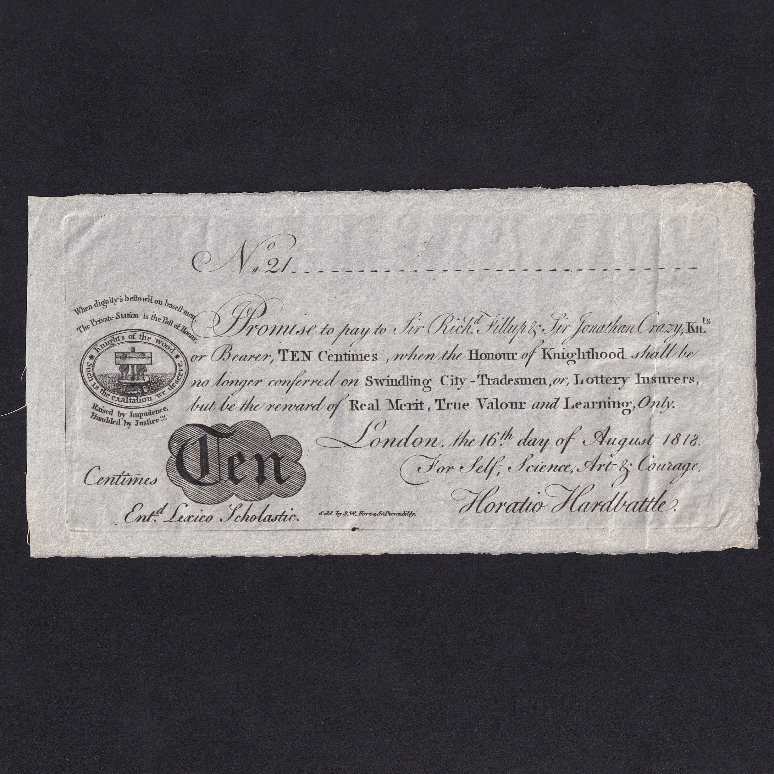 England, skit note - S. W. Forbes, No.21, 1818, ...TEN Centimes, when ...
