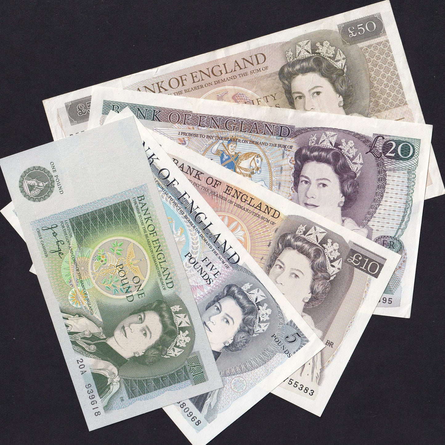 Bank of England, type set (5 notes) £1, £5, £10, £20 & £50, Queen Eliz ...