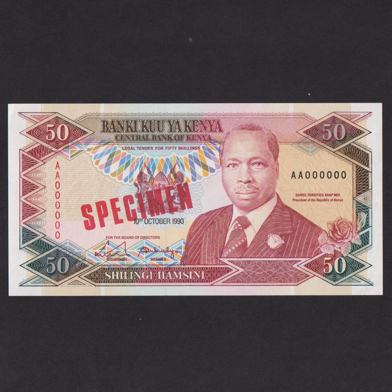 Kenya (P26s) 50 Shilling specimen, 1990, AA/00000, specimen in red, A ...